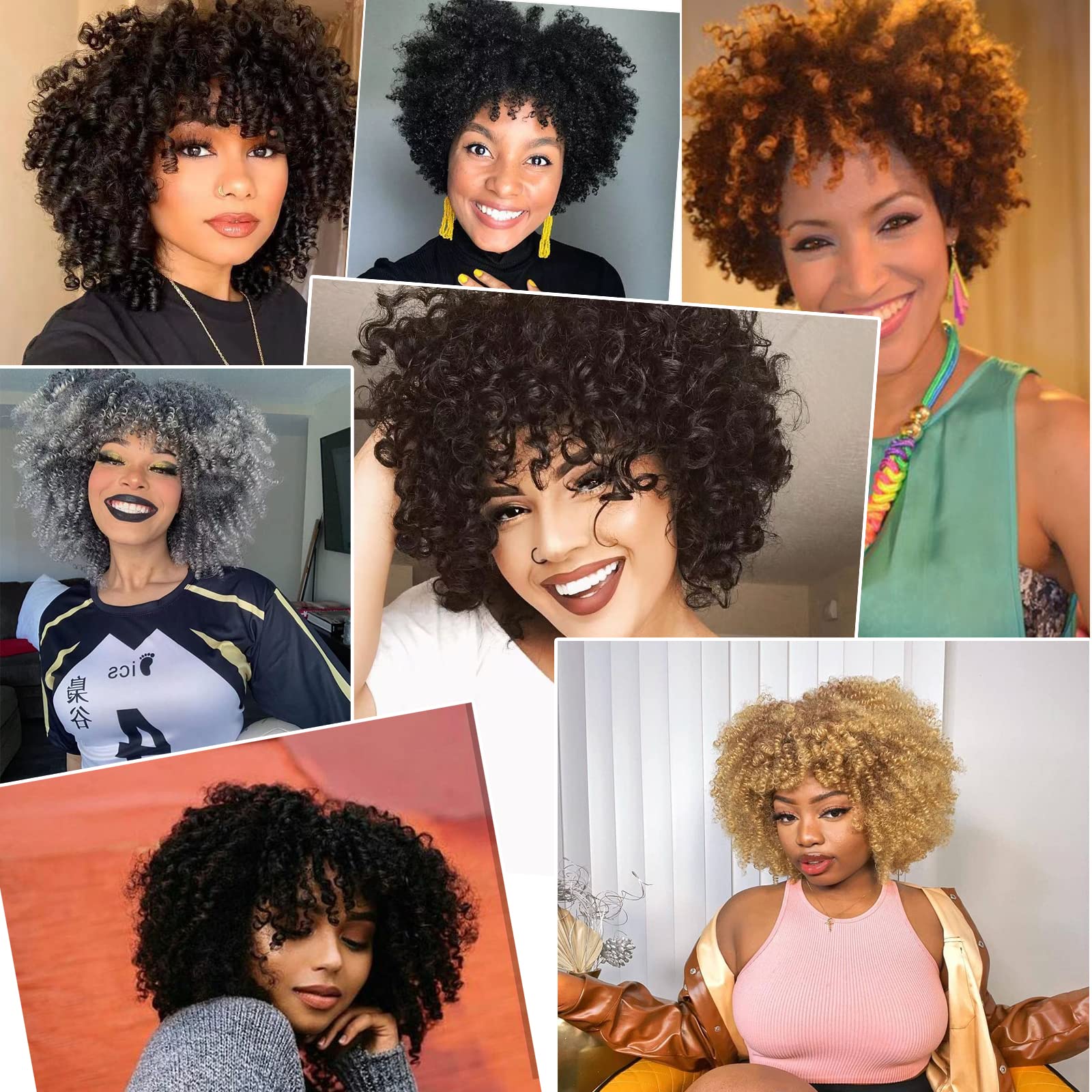 Flvaco Short Curly Wig Synthetic Fiber Full Wig with Bangs Afro Curly Wig for Black Women(1B#)