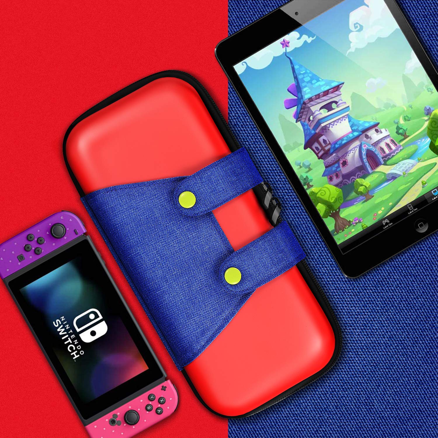 TNP Travel Case for Nintendo Switch Mario Theme Portable Travel Carry Hard Shell EVA Material Pouch Traveler Deluxe Cover with Strap Handle for Switch Console, Joy Con Controller, Game Card Holders