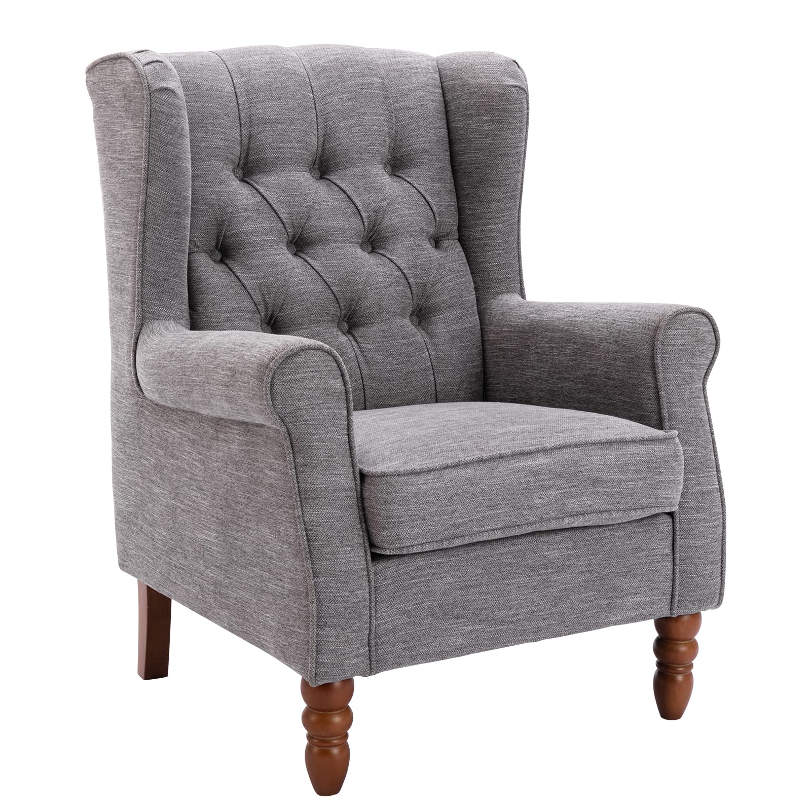 COLAMY Living Room Accent Chair, Thick Upholstered Button Tufted Wingback Armchair Fabric Mid-Century Modern Sofa Arm Chair, Solid Wood Legs Padding Seat, Grey