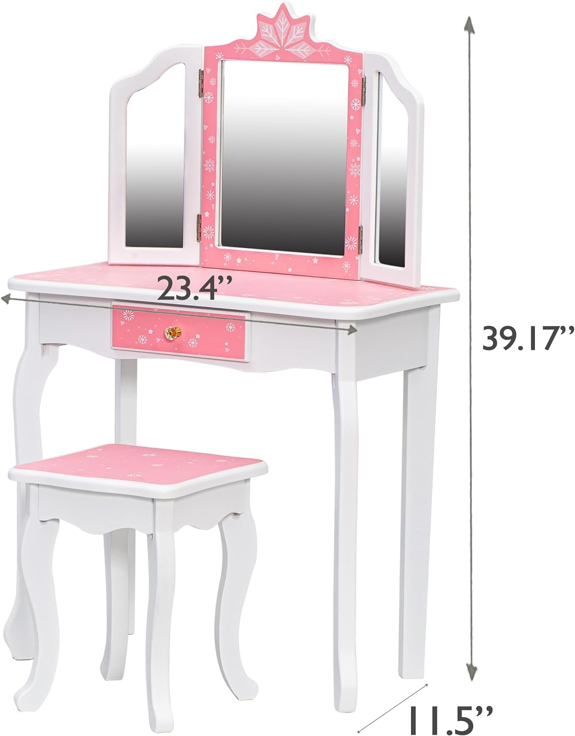 LIZHOUMIL 2-in-1 Princess Makeup Table for Kids - Vanity Set with Mirror, Stool, Tri-Folding Mirror & Drawer - Wooden Pretend Play Dressing Table for Toddler Girls