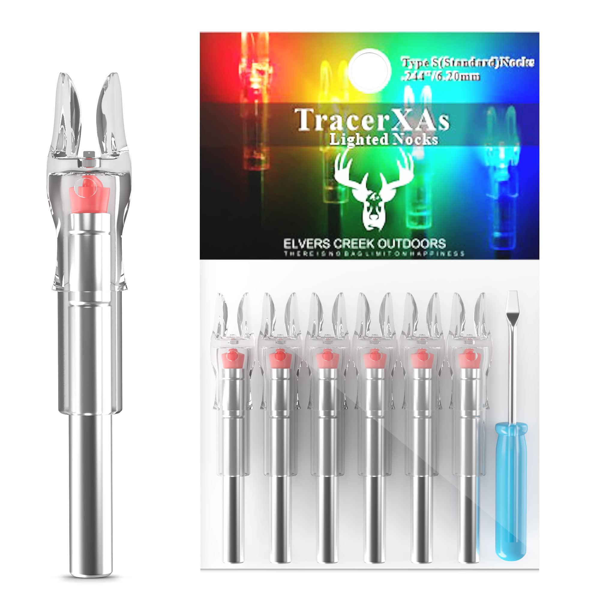 Elvers Creek Outdoors TracerXAs Lighted nocks, for Standard Size S Arrows. Six Simple insertable Arrow nocks.244''/6.2mm Inner Diameter. Great for Bow Hunting, Backyard Targets, and Compound Bows.
