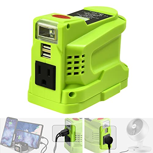 Portable Power Inverter for Ryobi 18V Battery 200LM LED Flashlight 150W Inverters Generator Power Source for 18V 2 USB AC Output, DC 18V to AC 110~120V（Tool ONLY） Green