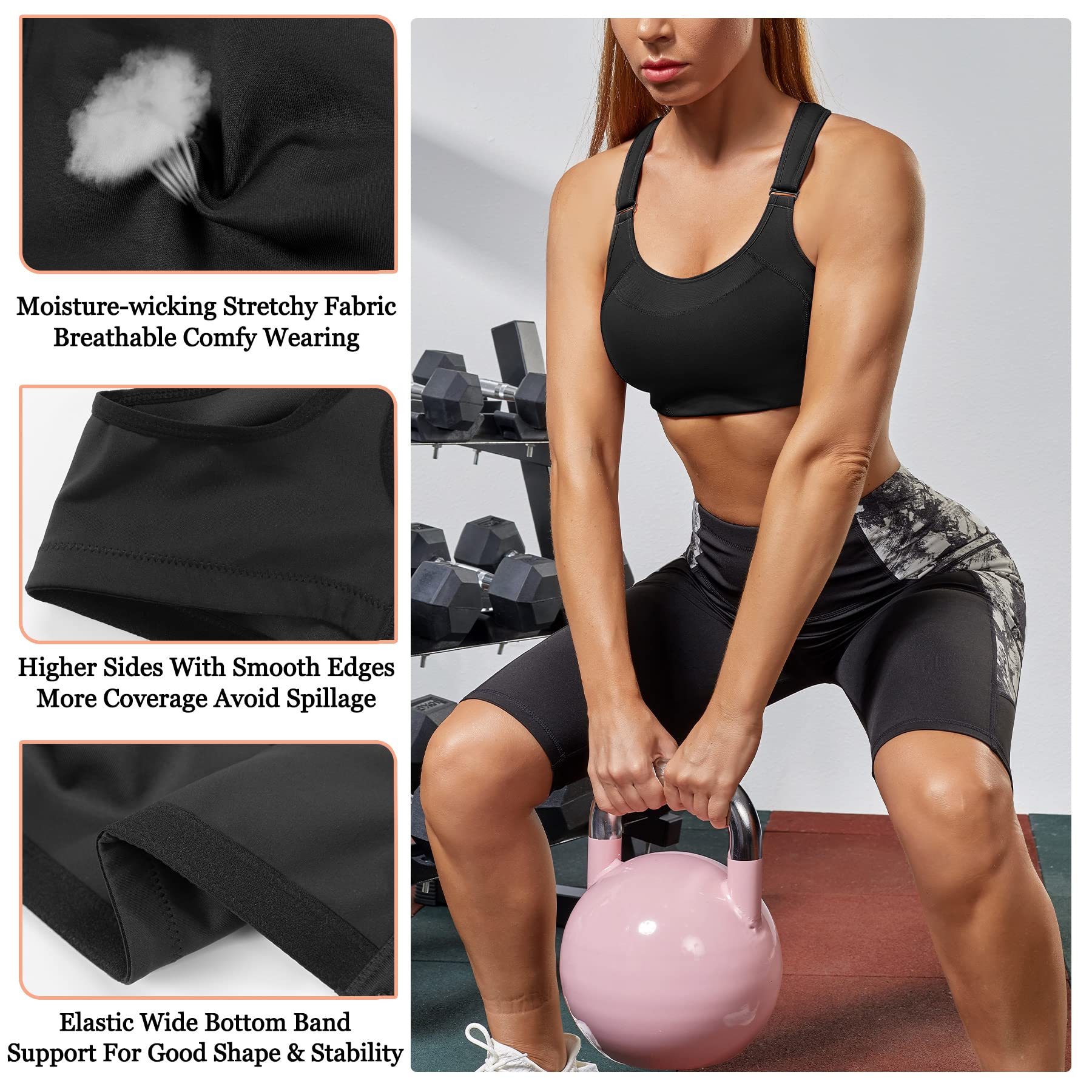 CYDREAM High Impact Support Sports Bra Wireless Padded Full Coverage Racerback Front Adjustable Straps Workout Tops (X-Large, Black)