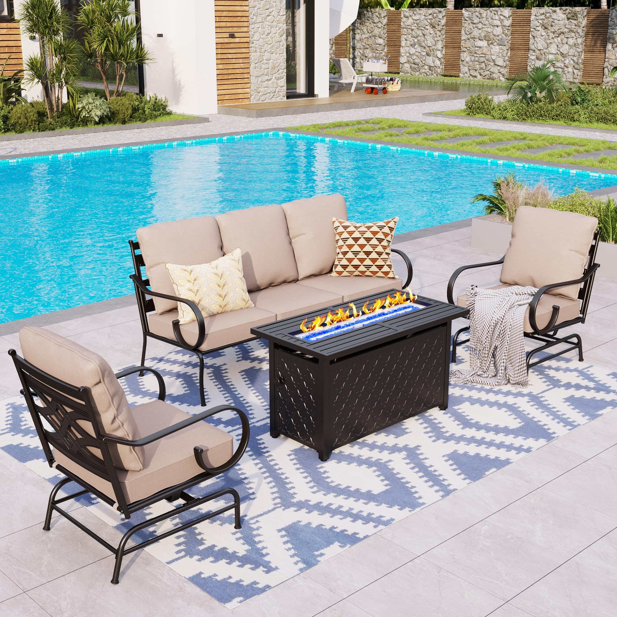 GREEN PARTY 4-Pieces Patio Furniture Set, Outdoor Metal Patio Conversation Set with Fire Pit Table, Patio Sofa with Cushions, Beige