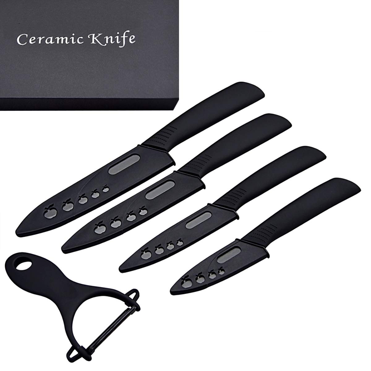 Ceramic Knife Set, 5 Pieces Professional Chef Knives with Sheaths, including Ceramic Knives of 4 Different Sizes and 1 Vegetable Peeler