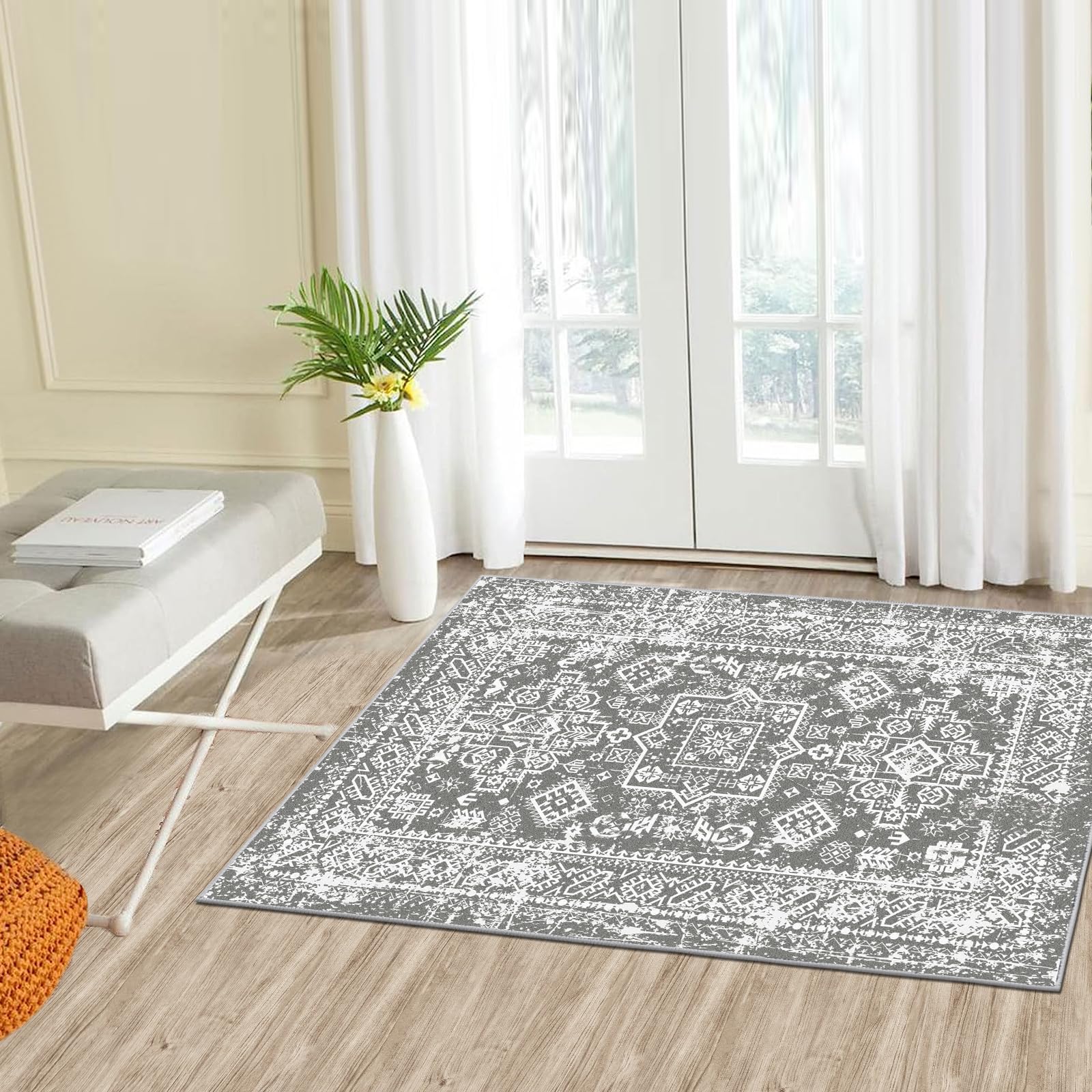 Pauwer Grey 3'x5' Area Rug, Faux Wool, Machine Made, Non-Slip, Washable, Bohemian, Retro, Vintage, Kitchen Hallway Living Room Runner