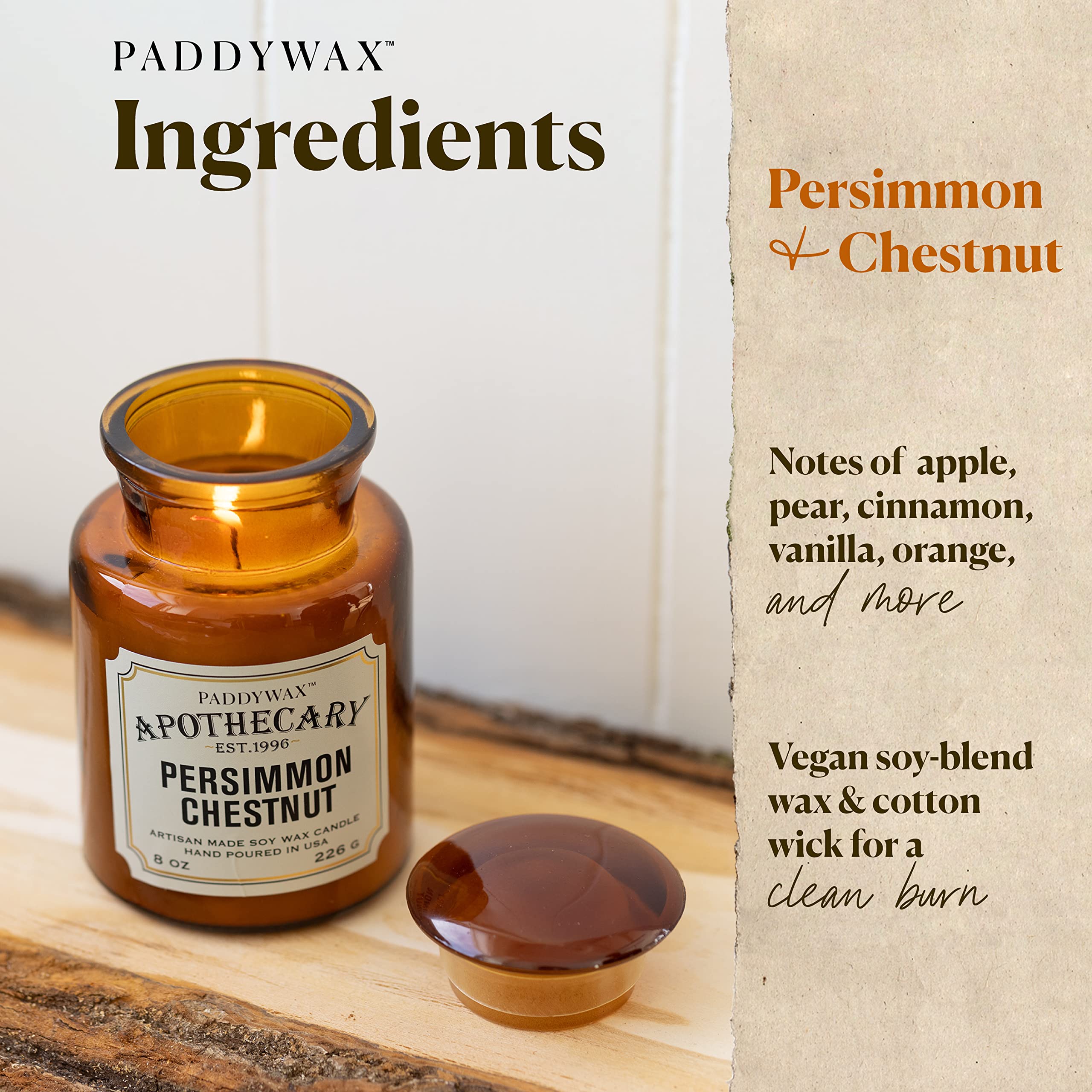 Paddywax Apothecary Artisan Hand-Poured Scented Candle, 8-Ounce, Persimmon Chestnut