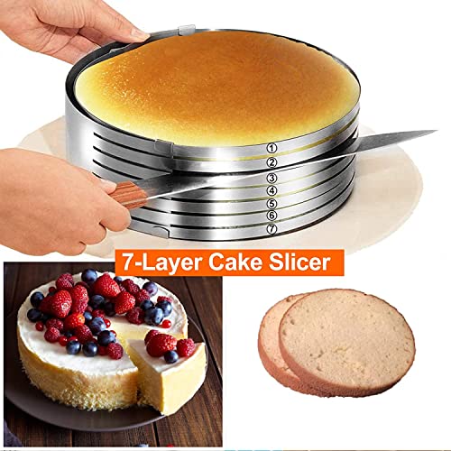 HAOYING 4 PCS Bakeware Set, 7-Layer Cake Slicer Cutter 9.5"-12",Cake Ring 6"-12", Square Cake Mold 6"-11", Heart Shape Cake Mold 4", Stainless Steel Pastry Slicing Rings Mousse Mould Baking Tools