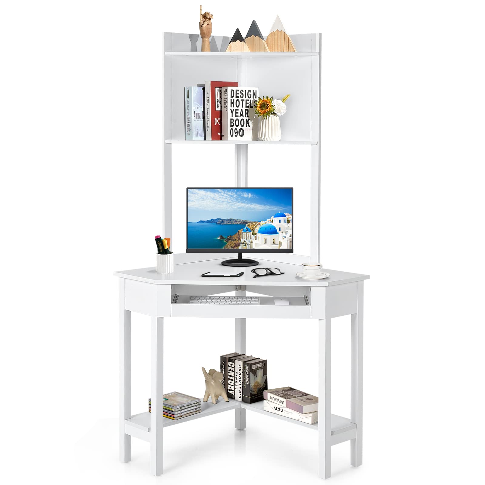COSTWAY Corner Desk with Hutch, Compact Corner Computer Desk, Study and Writing Table with Keyboard Tray & Bottom Shelves, Space-saving Laptop PC Desk for Small Space, Home, Bedroom, Apartment (White)
