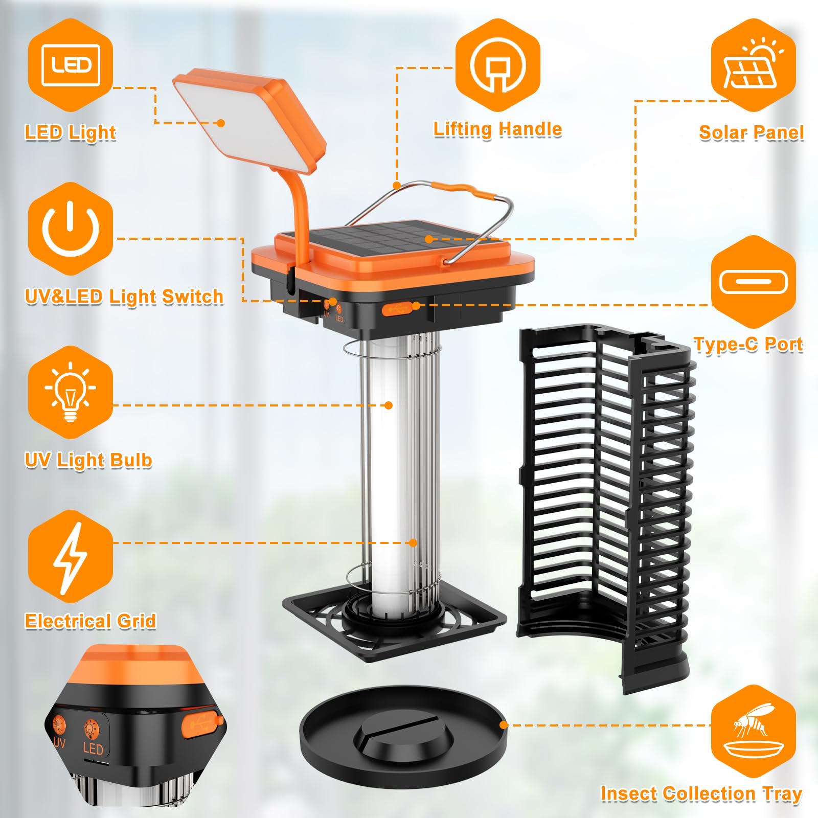 Homesuit Solar Bug Zapper with LED Light, 4000mAh Battery Powered Mosquito Zapper, Cordless Mosquito Traps, Electric Mosquito Killer, Bug Zapper for Outdoor and Indoor, Rechargeable, Orange