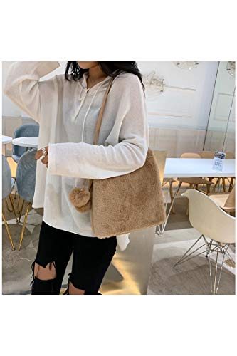 Ulisty Women Autumn Winter Small Faux Fur Shoulder Bag Fluffy Bucket Bag Plush Handbag khaki