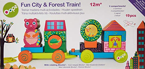 OOPS Fun Forest & City Train - Wooden Pull Along Toy and Stacking Puzzle for Toddlers