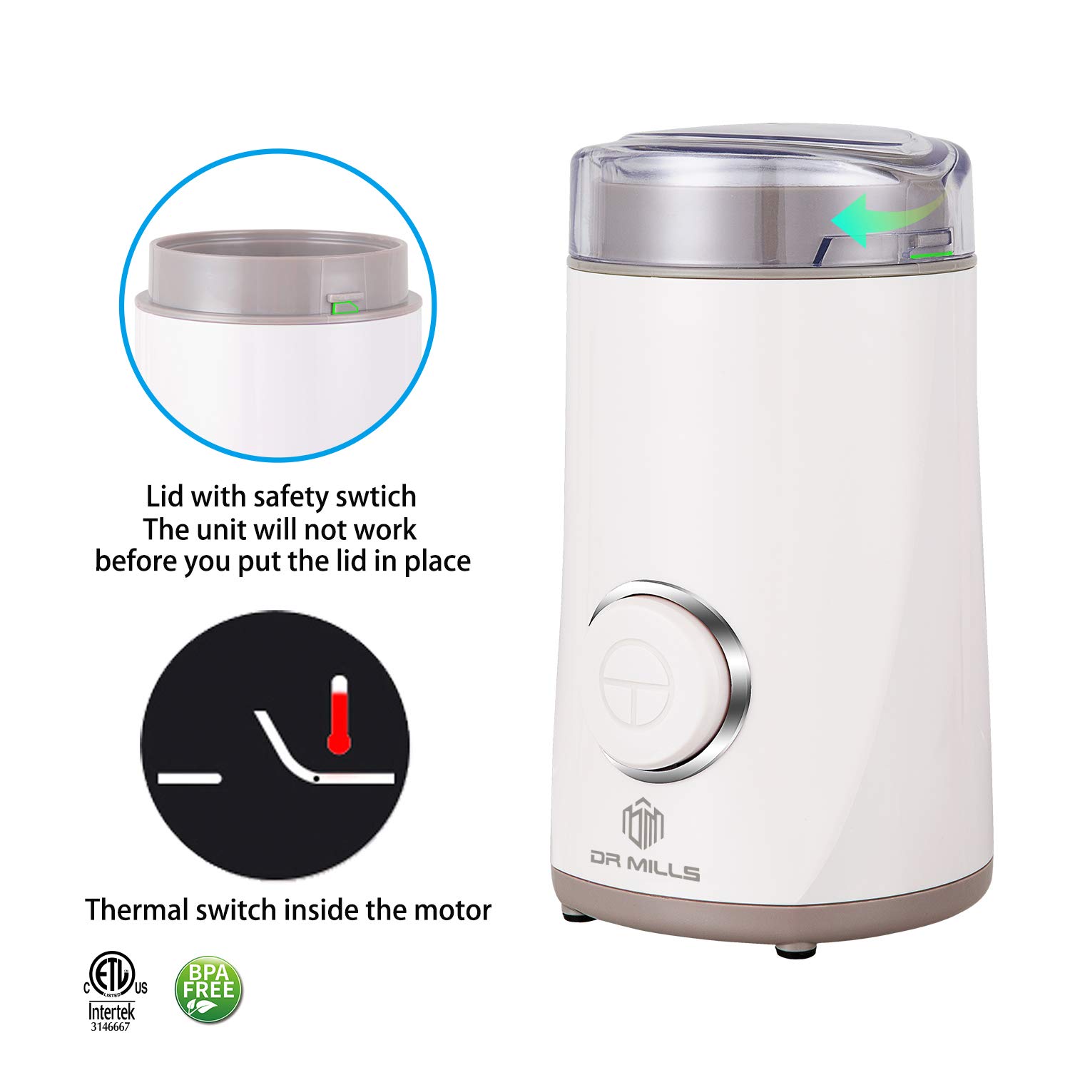 DR MILLS DM-7441 white Coffee Grinder Electric Coffee Bean Grinder,Spice Grinder,Blade & cup made with SUS304 stianlees steel (White)