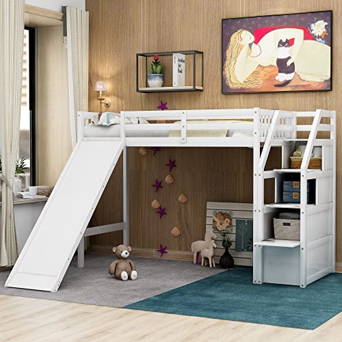 Harper & Bright Designs Twin Loft Bed with Slide and Storage, Wood Kids Loft Bed Frame with Staircase, No Box Spring Needed (Twin, White with Staircase)