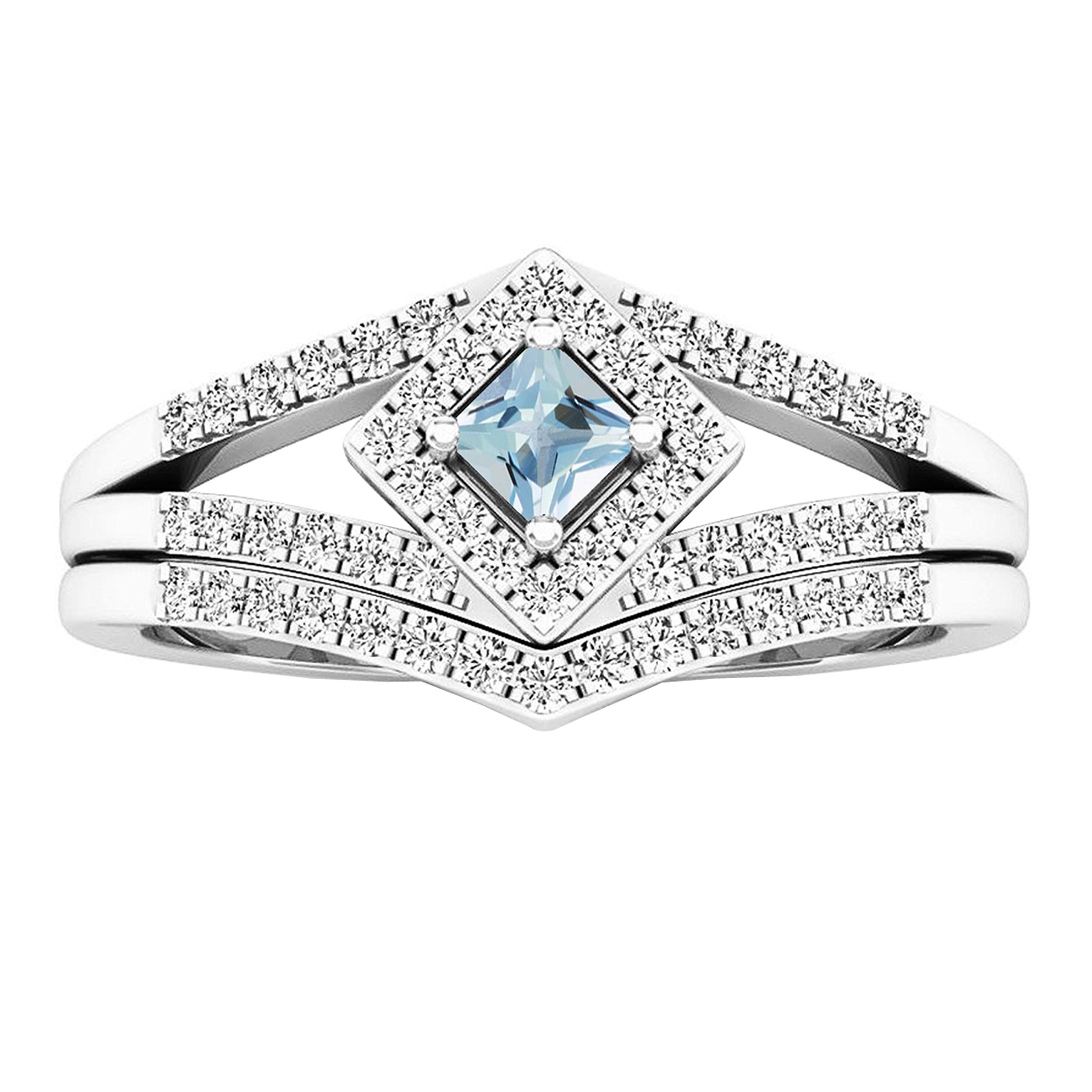 Dazzlingrock Collection 2.5 mm Princess Aquamarine & Round White Diamond Ladies Split Shank Engagement Ring Set, Sterling Silver, Size 4