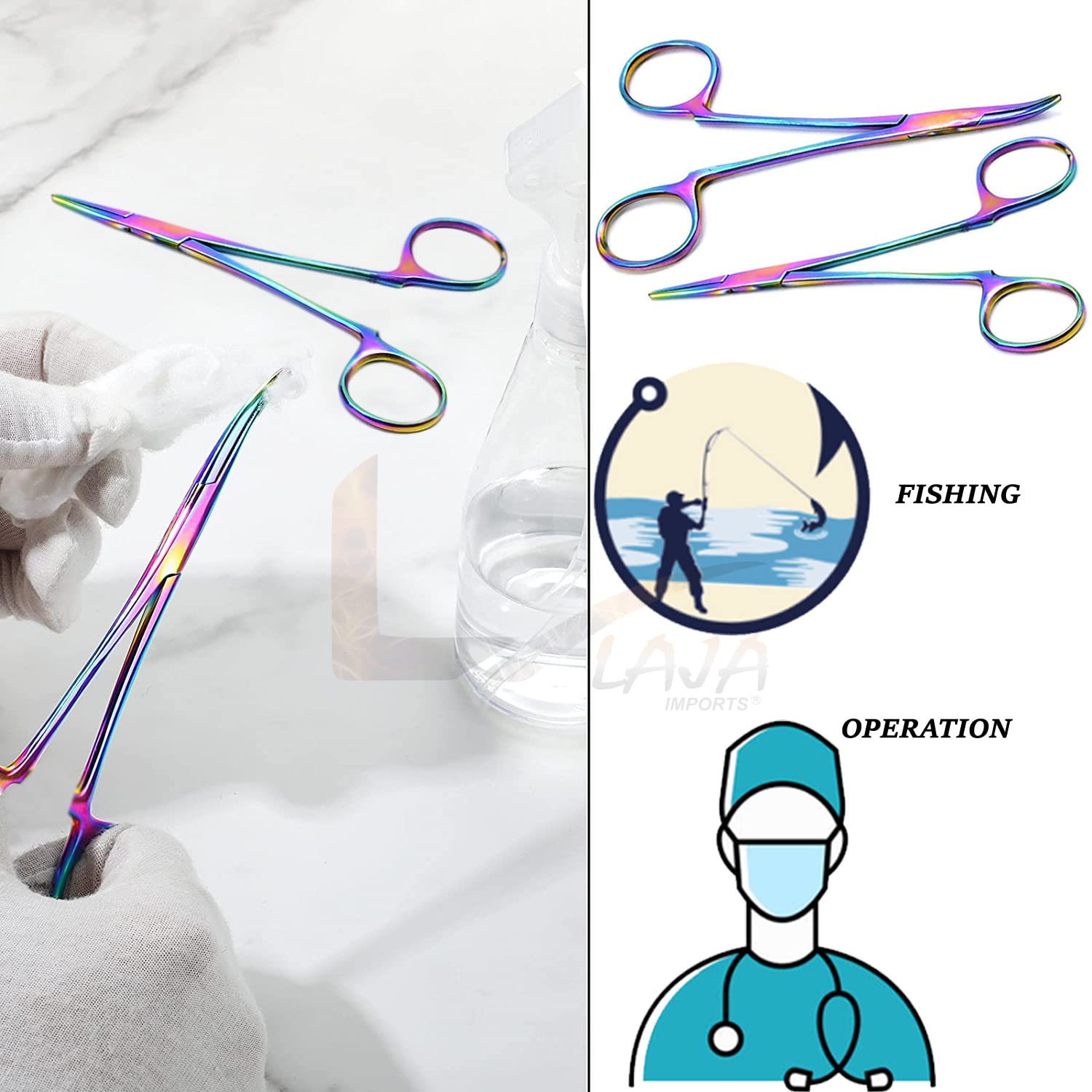 LAJA Imports Set of 2 Non-Locking Hemostat Straight & Curved 5'' for Ear Care Rainbow Multi Color