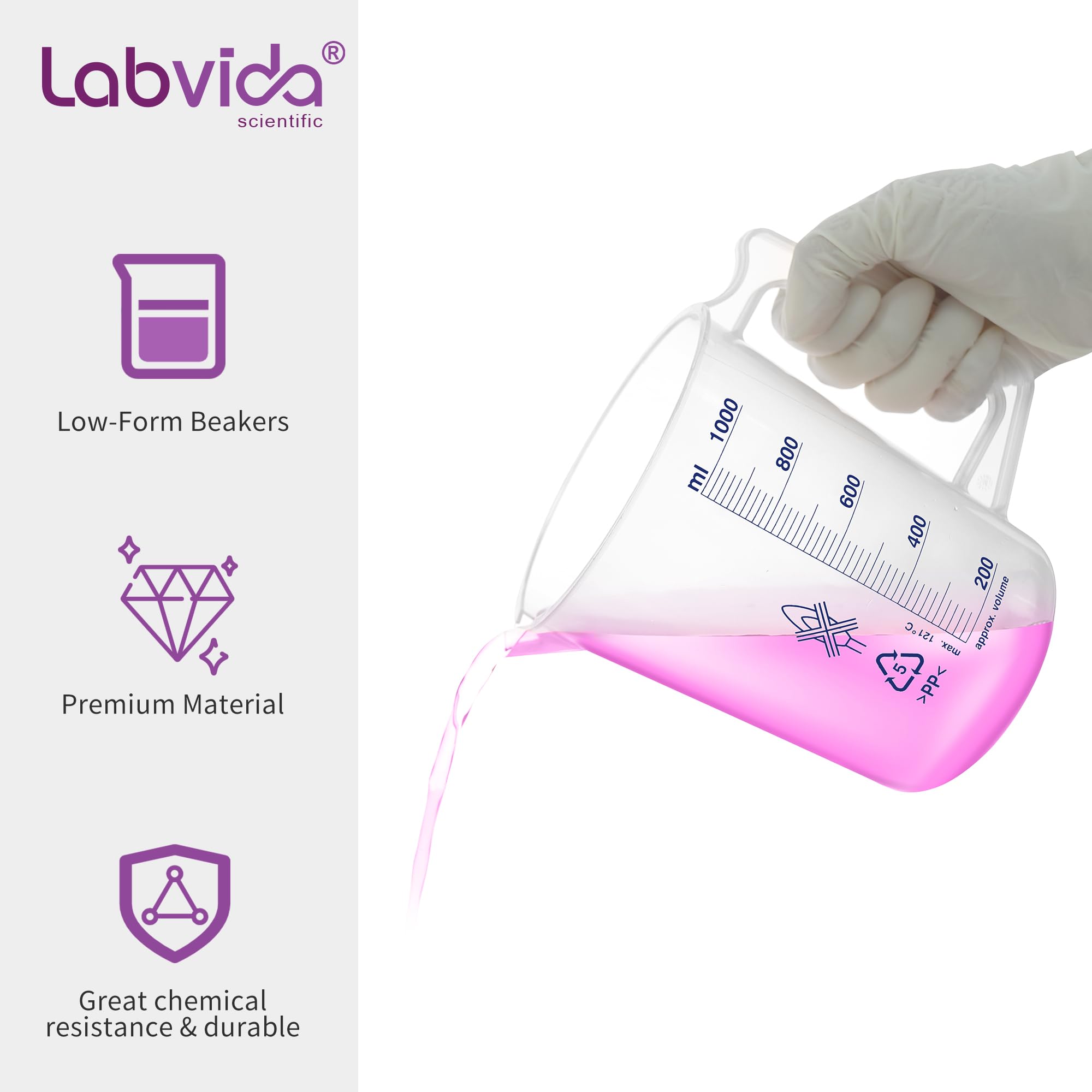 Labvida 4PCS Plastic Beakers with Handle,Vol.500ml(16.9oz) Measuring Cup with Blue Scale Line, Plastic Pitcher PP material Ideal for Science Activities and Household Use, LVB019
