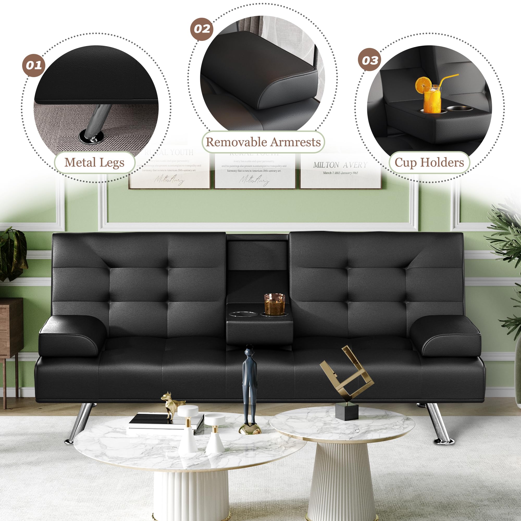 KYLE & KAY Convertible Sofa Bed, Upholstered Comfy Couch with Adjustable Backrest, Modern Sleeper Sofa for Living Room, Bedroom, Office, Apartment, Black