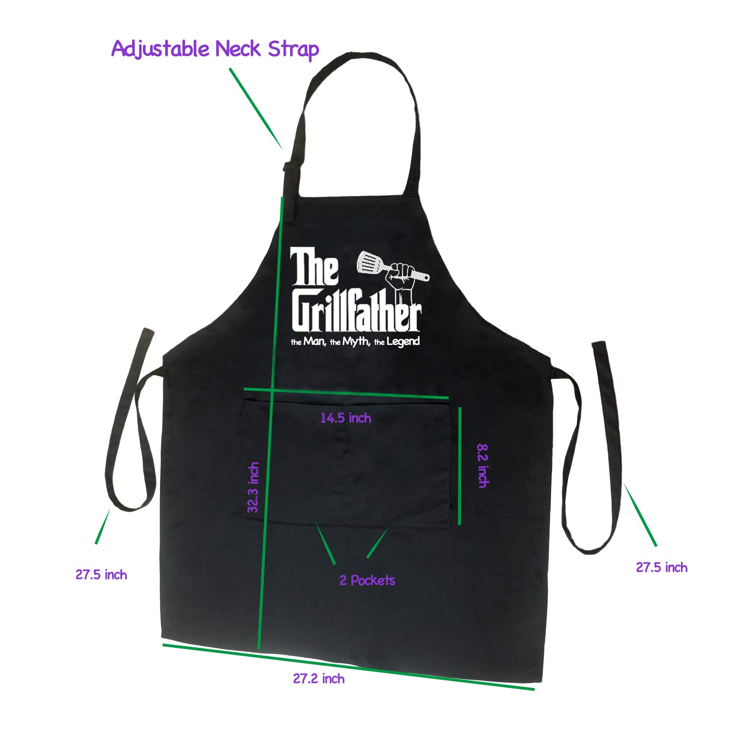 Febmeib 100% Cotton Waterproof Oil Proof Thick and Durable Chef Apron with 2 Big Pockets,Funny Apron for Men/Women,The Grillfather, Kitchen Cooking BBQ Grill, Bib Adjustable