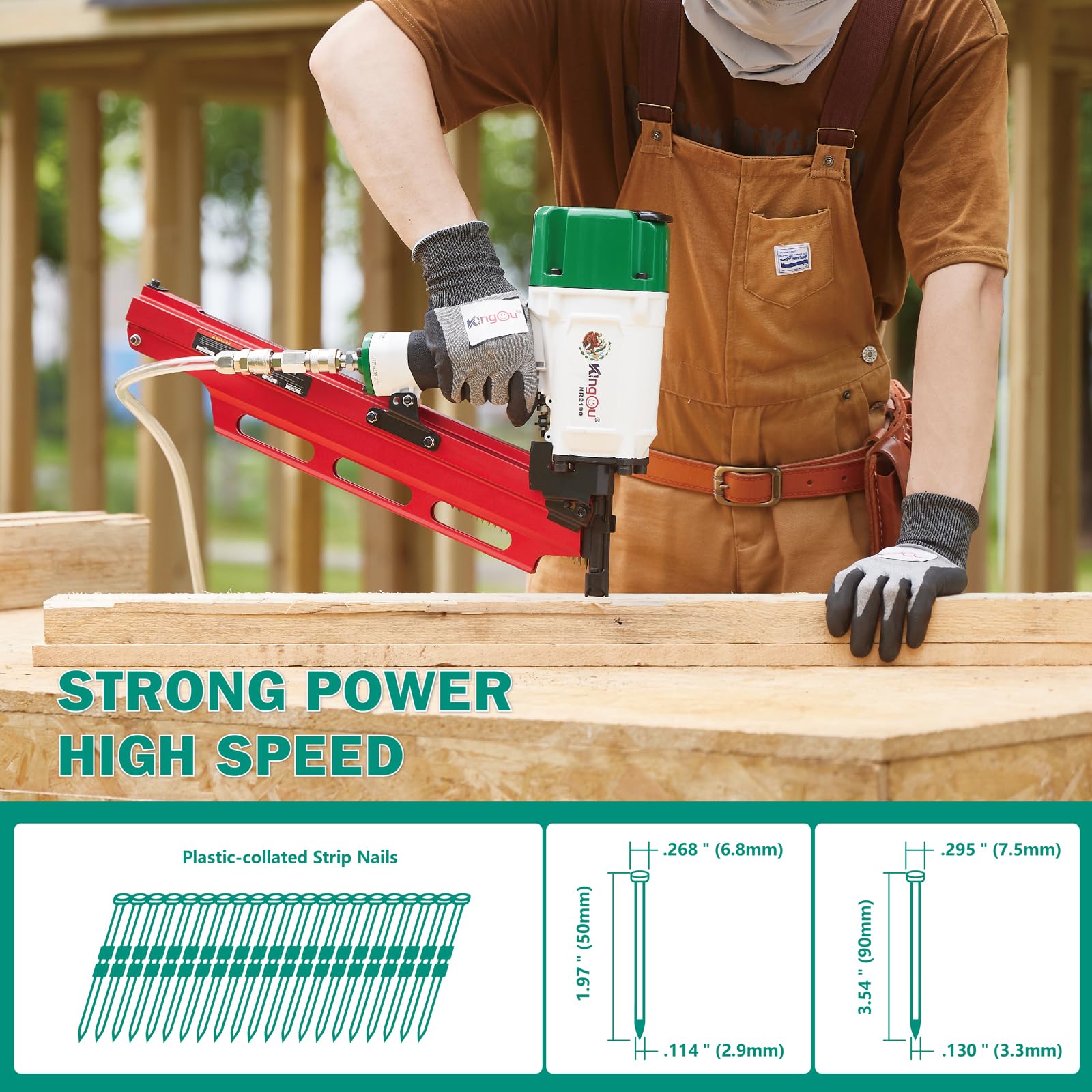 KingOu Mexican Style NR2190 21 Degree Plastic Strip Framing Nailer Aluminum Magazine Framing Nail Gun Covers NR83A2 Framing Nailer All Function