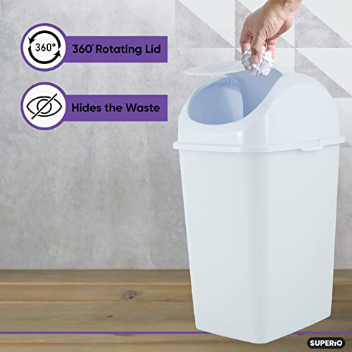 Superio Swing Top Trash Can, Waste Bin for Home, Kitchen, Office, Bedroom, Bathroom, Ideal for Large or Small Spaces - White (3 Pack- 4.5 Gal, 9 Gal, 13 Gal)