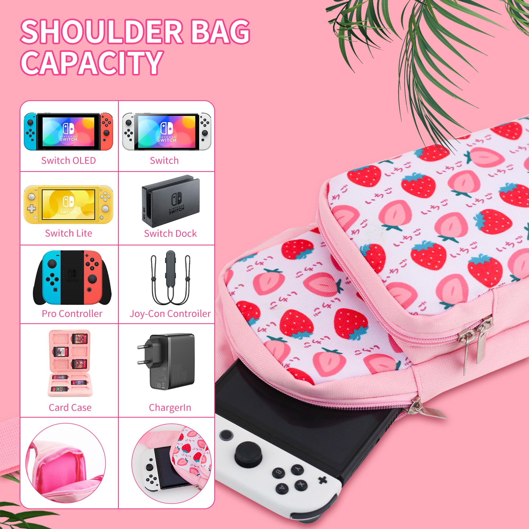 CONSOLEARMOR Pink Strawberry Travel Bag Compatible with Nintendo Switch/Lite/OLED, Portable Waterproof Crossbody Carrying Case, Shoulder Bag Storage Backpack Case with Thumb Cap for Switch Accessories