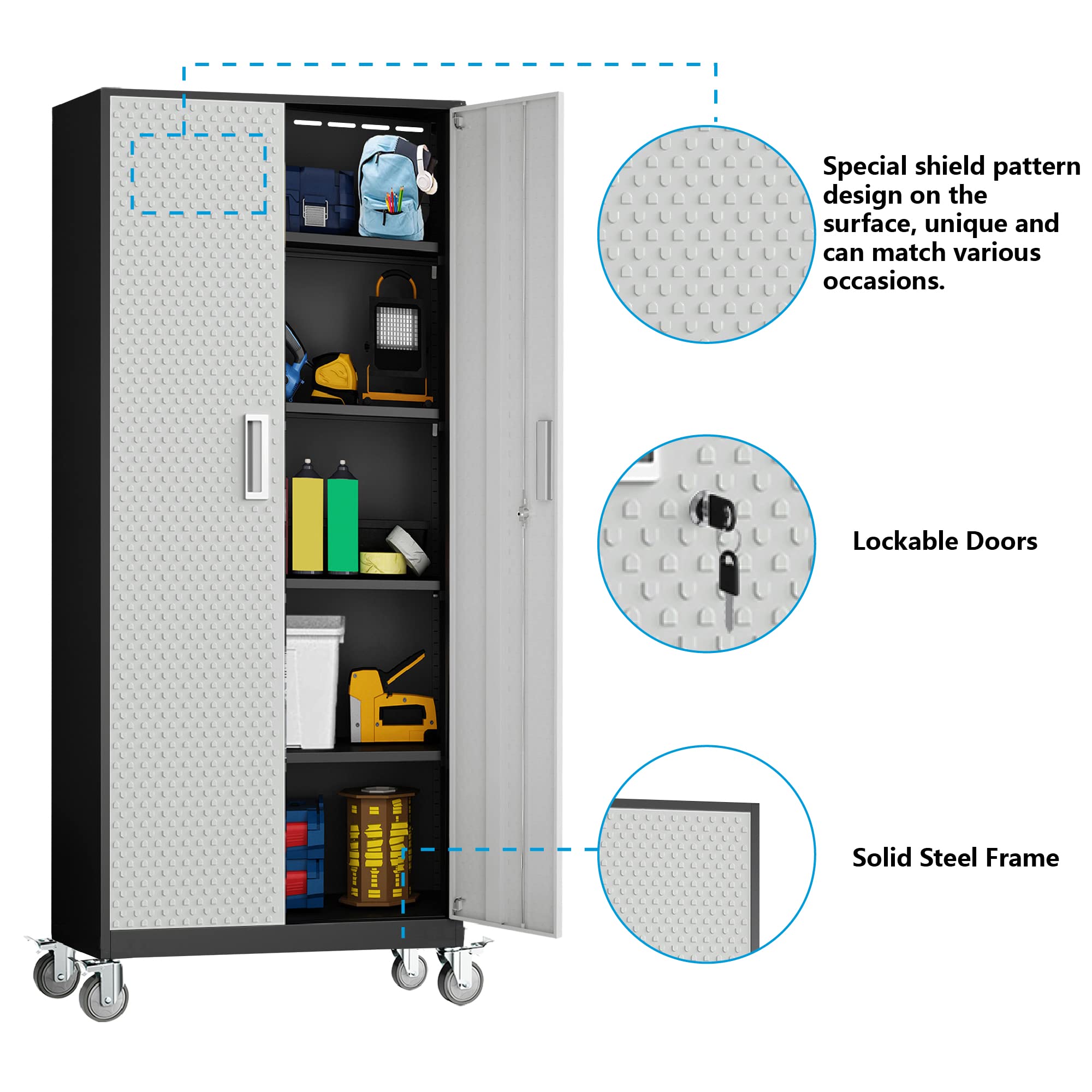 Tall Metal Garage Storage Cabinet, 72" Tool Storage Cabinet Utility Locker with Wheels, Adjustable Shelves & Locking Doors- Pantry Cabinets for Kitchen, Bathroom, Laundry Room, Basement Organization