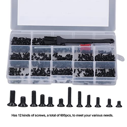 FTVOGUE 600Pcs Laptop Computer Replacement Screws Assortment Kit Black Flat Head Carbon Steel M2 M2.5 M3 with Brush Screwdriver Tool Set Kit, Micro Screwdriver