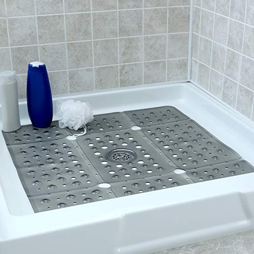 SlipX Solutions Accu-Fit Square Shower Mat, Extra Large 27"x27", Non-Slip Stall Mat for Elderly & Kids Standing Bath Tub Mat, Machine Washable, Suction Cups, Transparent Gray