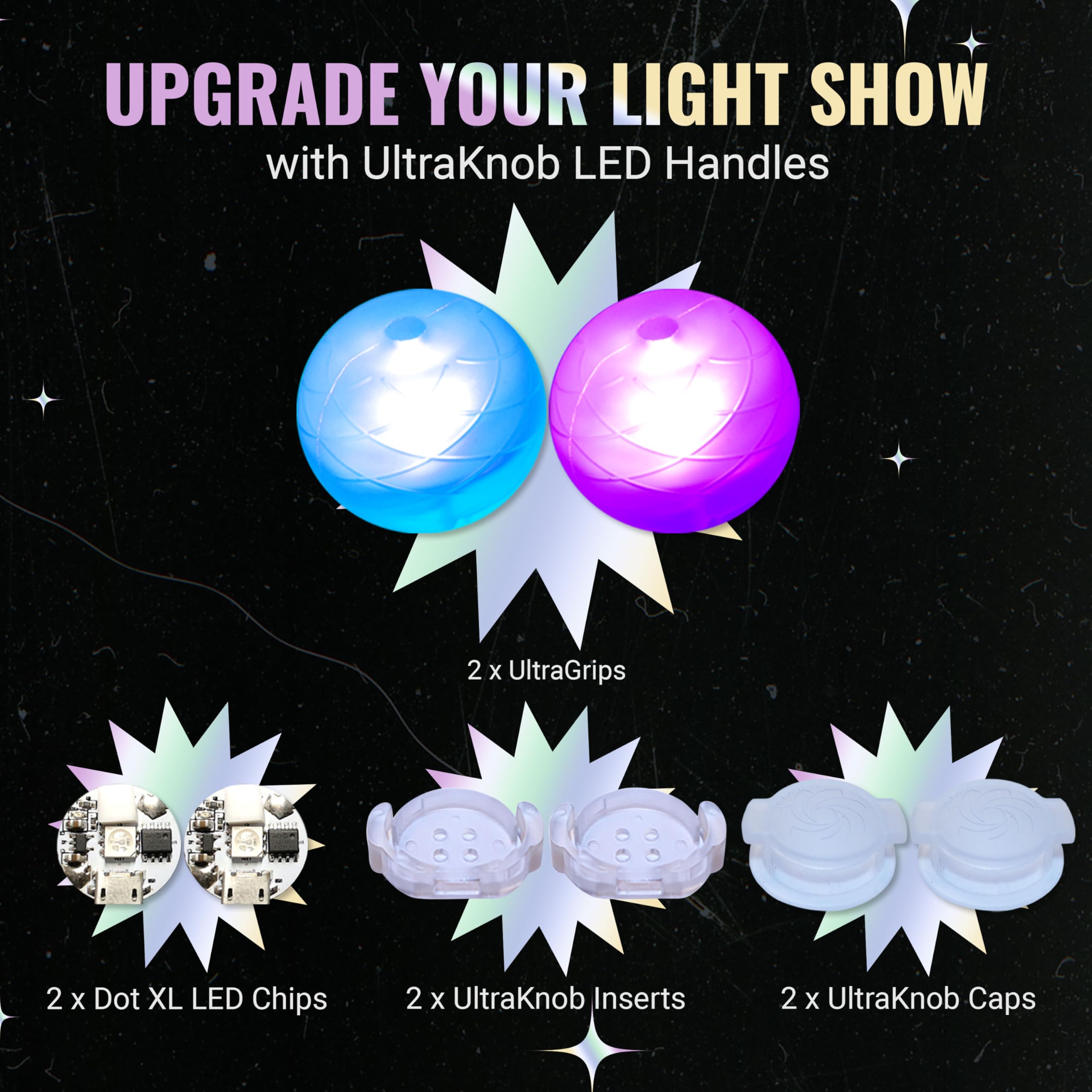UltraPoi UltraKnob Handles Set (Pair (2)) - Rechargeable LED Poi Knob Handles for Poi Balls - Over 30 Rainbow Color Modes & Flashing Patterns - Silicone Knob Set for Poi, Flow Arts, & Light Spinning