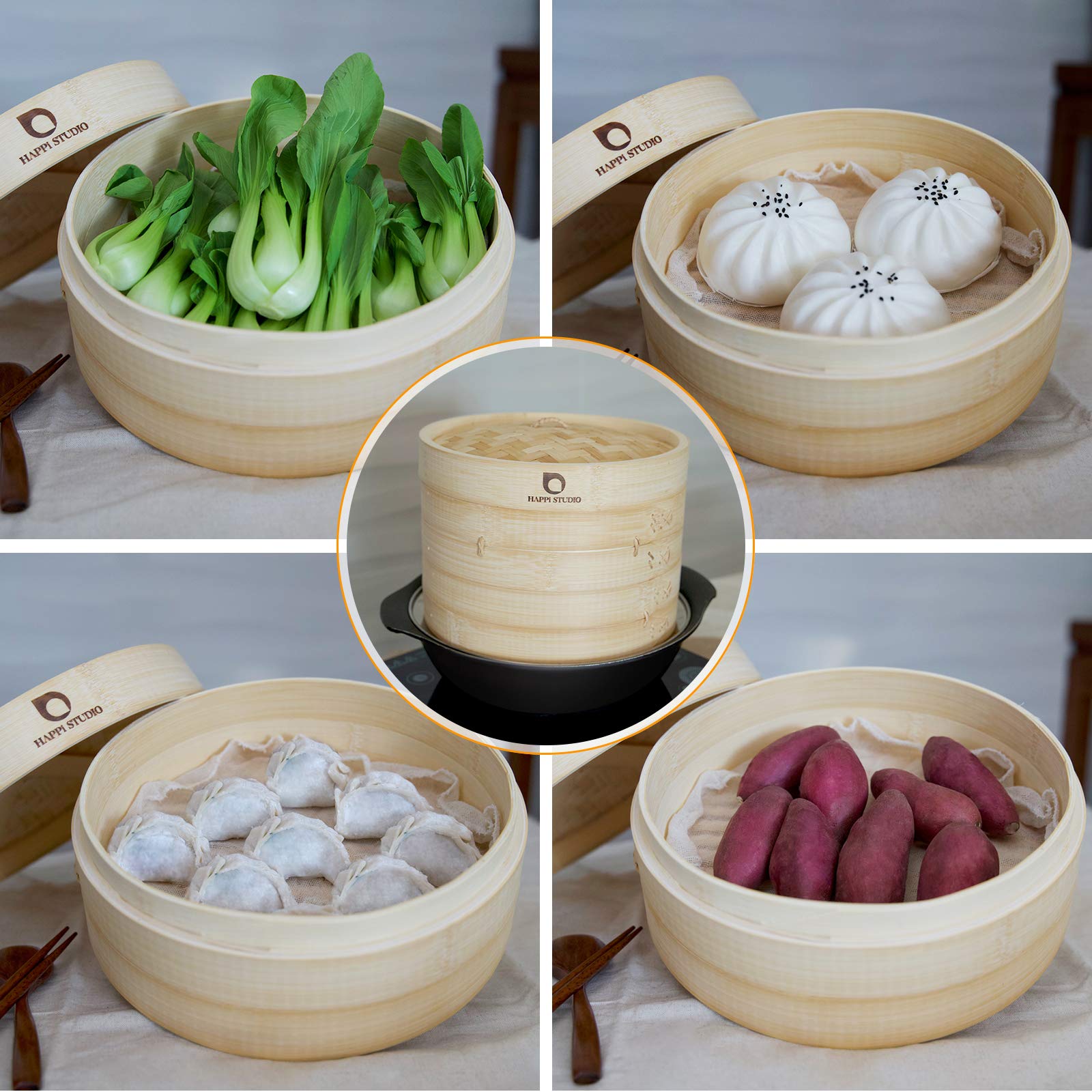 HAPPi STUDIO Bamboo Steamer Basket With Steamer Ring - 10 inch Dumpling Steamer Basket - Large Bamboo Steamer for Cooking Bao Buns, Dim Sum - Chinese Steamer Bamboo Steam Basket - Steaming Basket