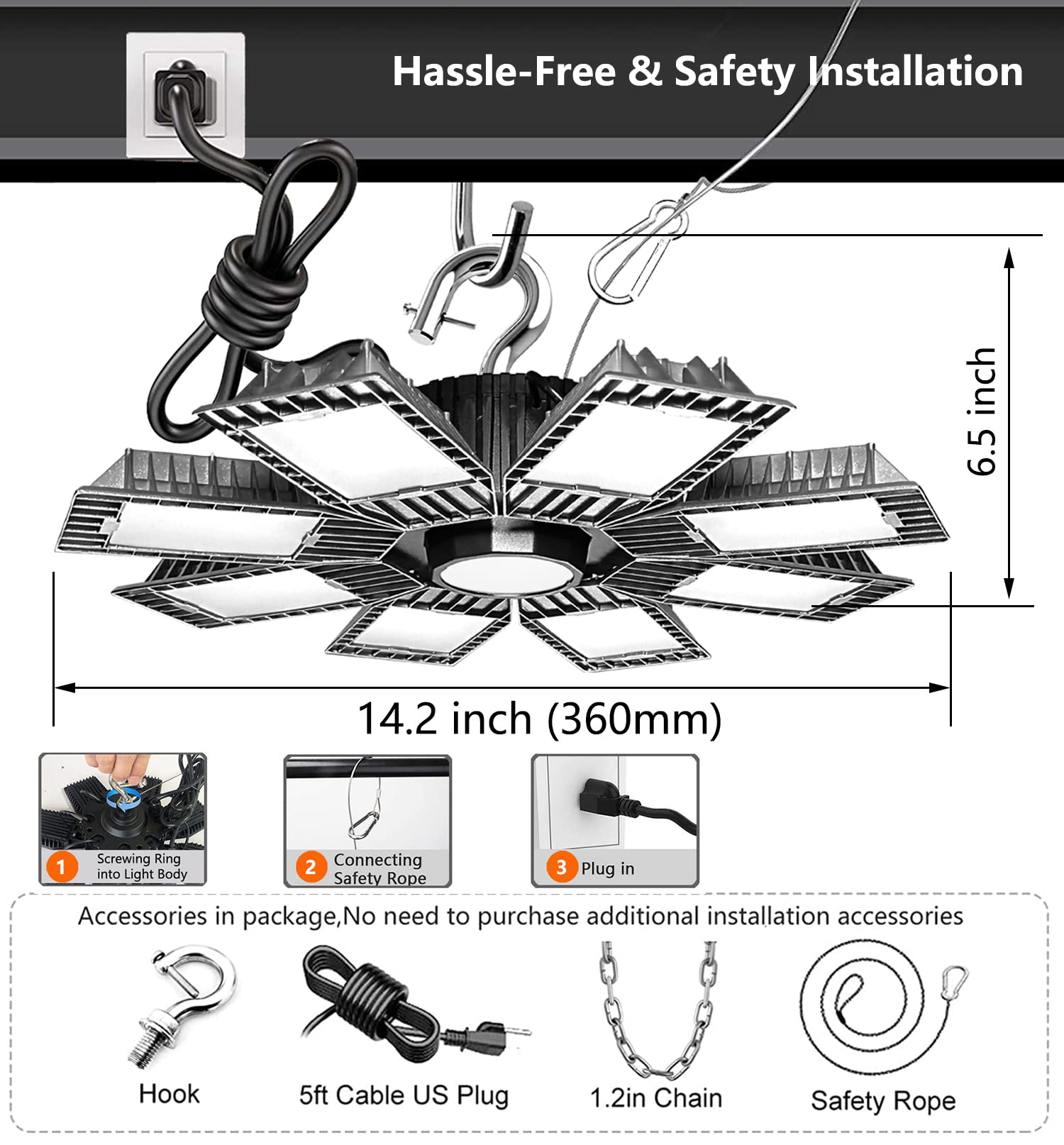 Fucoda LED Shop Light 200W Eqv 600W 26000lm High Bay Light, Daylight White No-Dimmable, Ceiling Hook Hanging LED Barn Light with 5ft US Plug, Ideal for Workshop, Shop, Garage, Warehouse-2 Pack