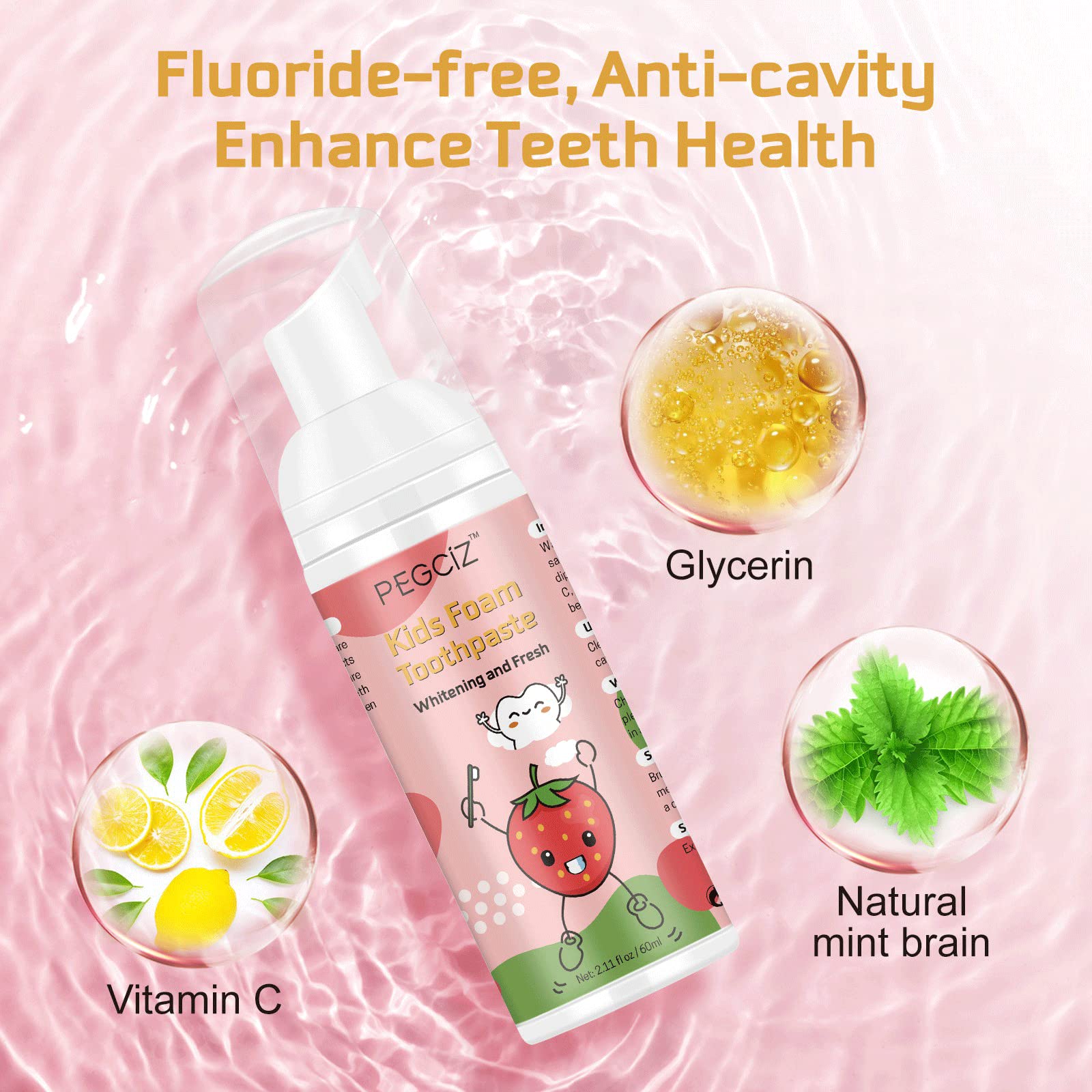 Foam Toothpaste Kids with Low Fluoride & U-Shaped Toothbrush Combo Pack,Manual Toothbrush with Food Grade Soft Silicone Head,360° Oral Teeth Clean Design Ages 2-6,Strawberry Flavor