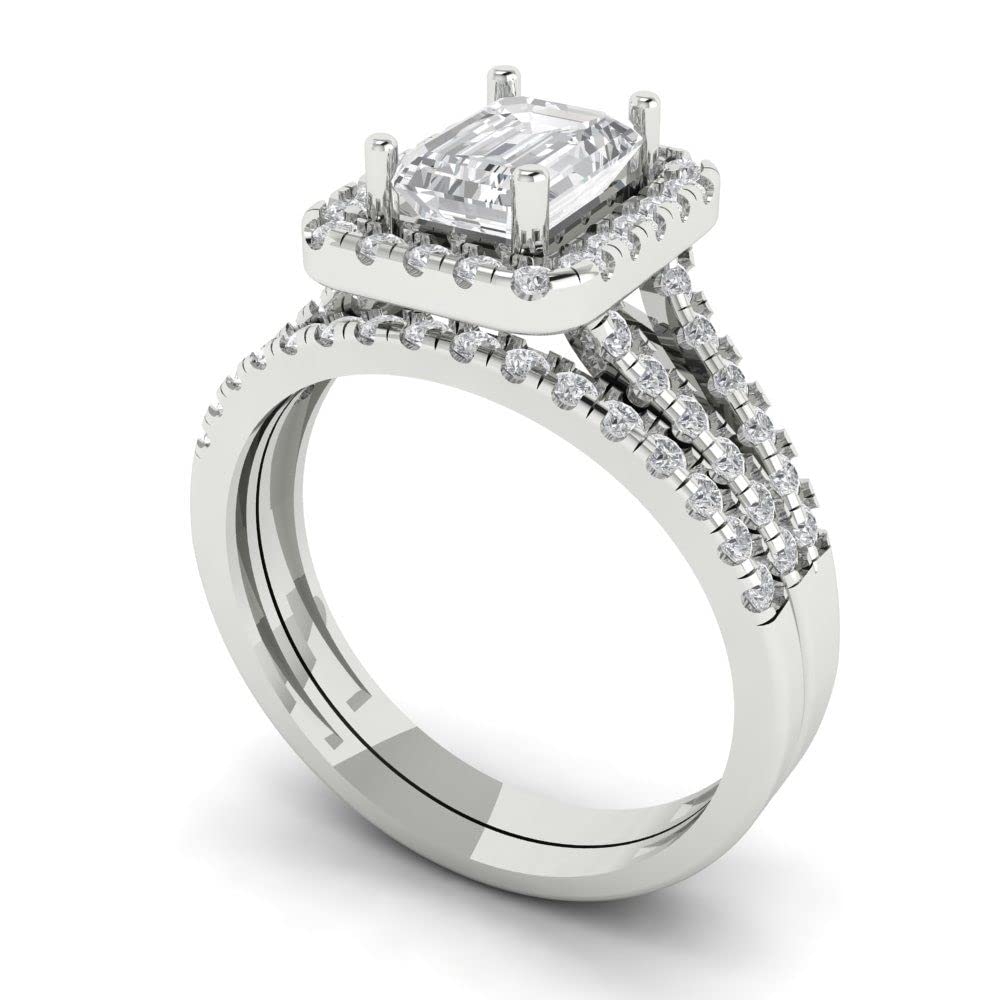 Clara Pucci 1.57ct Emerald Cut Genuine Zircon 14k White Gold Halo Solitaire W/Accents Wedding Bridal Engagement Set Ring Band Size 9