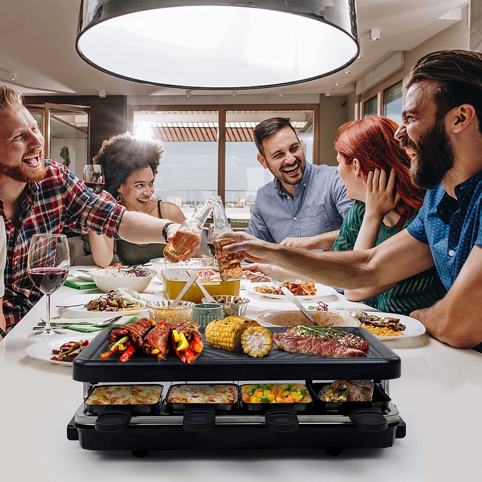 Fajiabao Electric Korean BBQ Indoor Grill Table Smokeless Portable Raclette Grill Nonstick with 8 Cheese Maker Pans Temperature Control & Dishwasher Safe 1300W Ideal for Parties and Family Fun