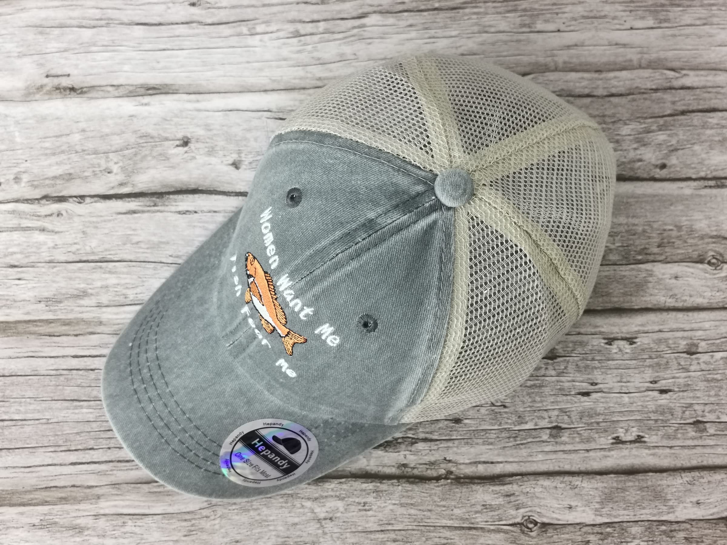 Embroidered Women Want Me Fish Fear Me Trucker Hat for Men, Grey Mesh Embroidery Baseball Cap, Outdoor Adjustable Cotton Snapback Dad Hat