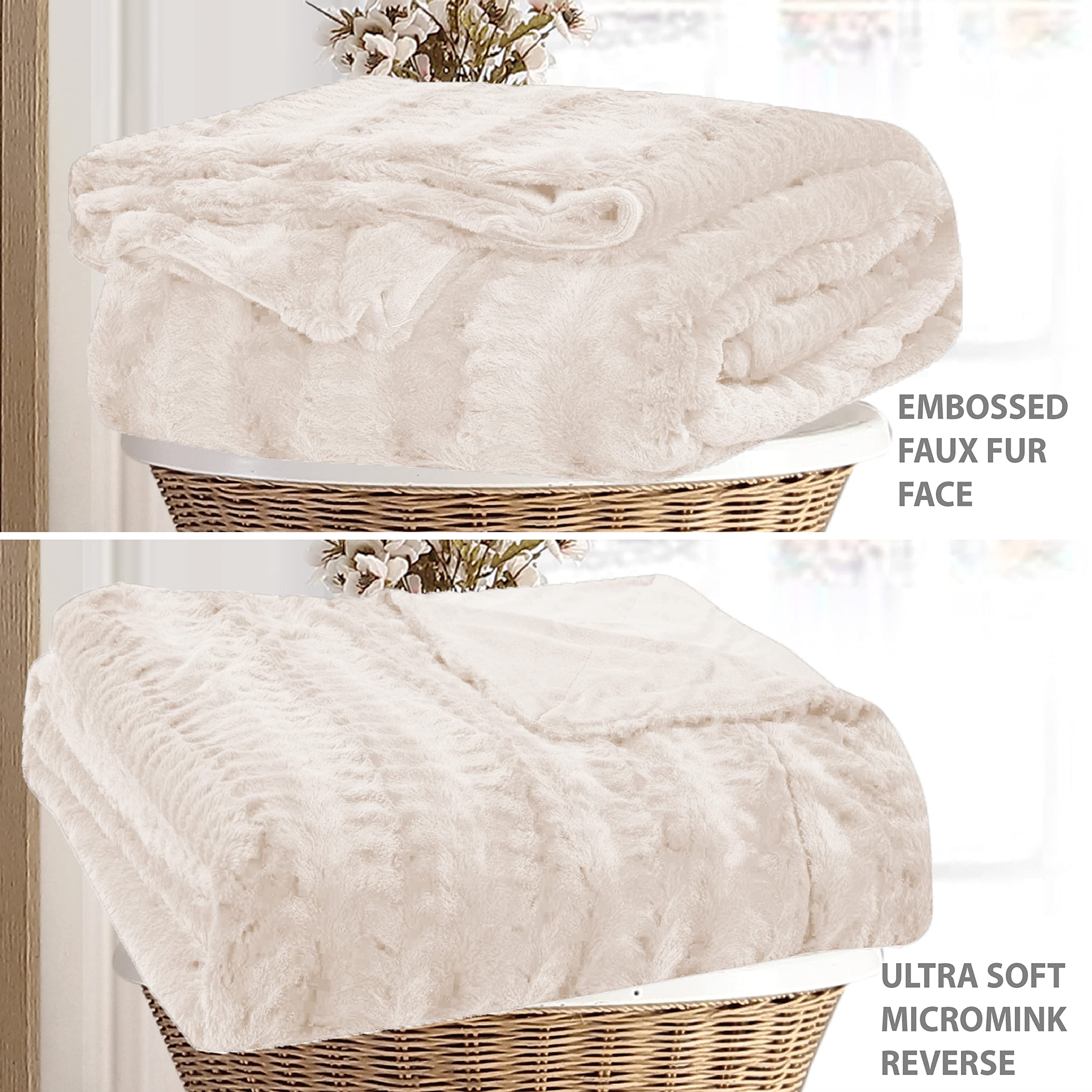 Cathay Home Luxe Faux Fur Mink Ultra-Soft Embossed Bedding Blanket -King, Cream, 1-Piece Throw/Blanket/Coverlet/Bedspread