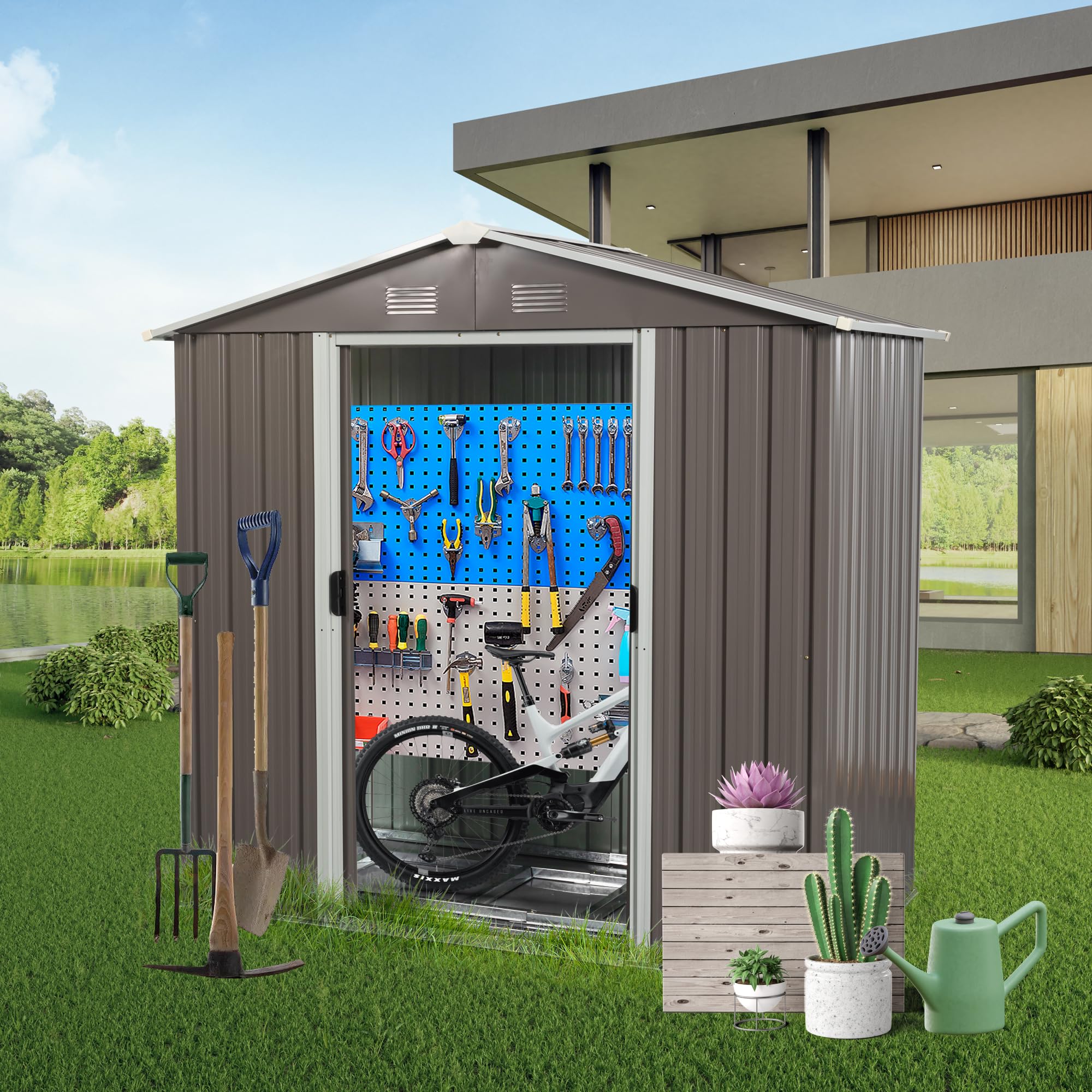 LKJYBG Outdoor Storage Shed with Anchors Hooks Padlock Gloves Weatherproof Aluminum Frames (8ft x 4ft) Outdoor Storage House Grey