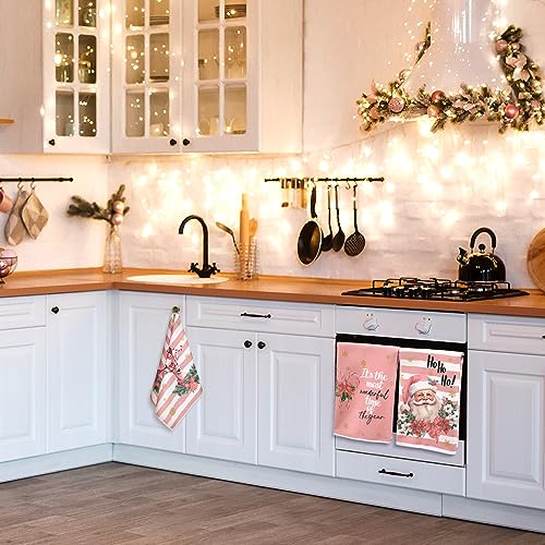 Preboun 6 Pcs Christmas Kitchen Towels Santa Reindeer Stripe Dish Towels Christmas Hand Towels Pink Farmhouse Tea Towels for Xmas Kitchen Bathroom Decor