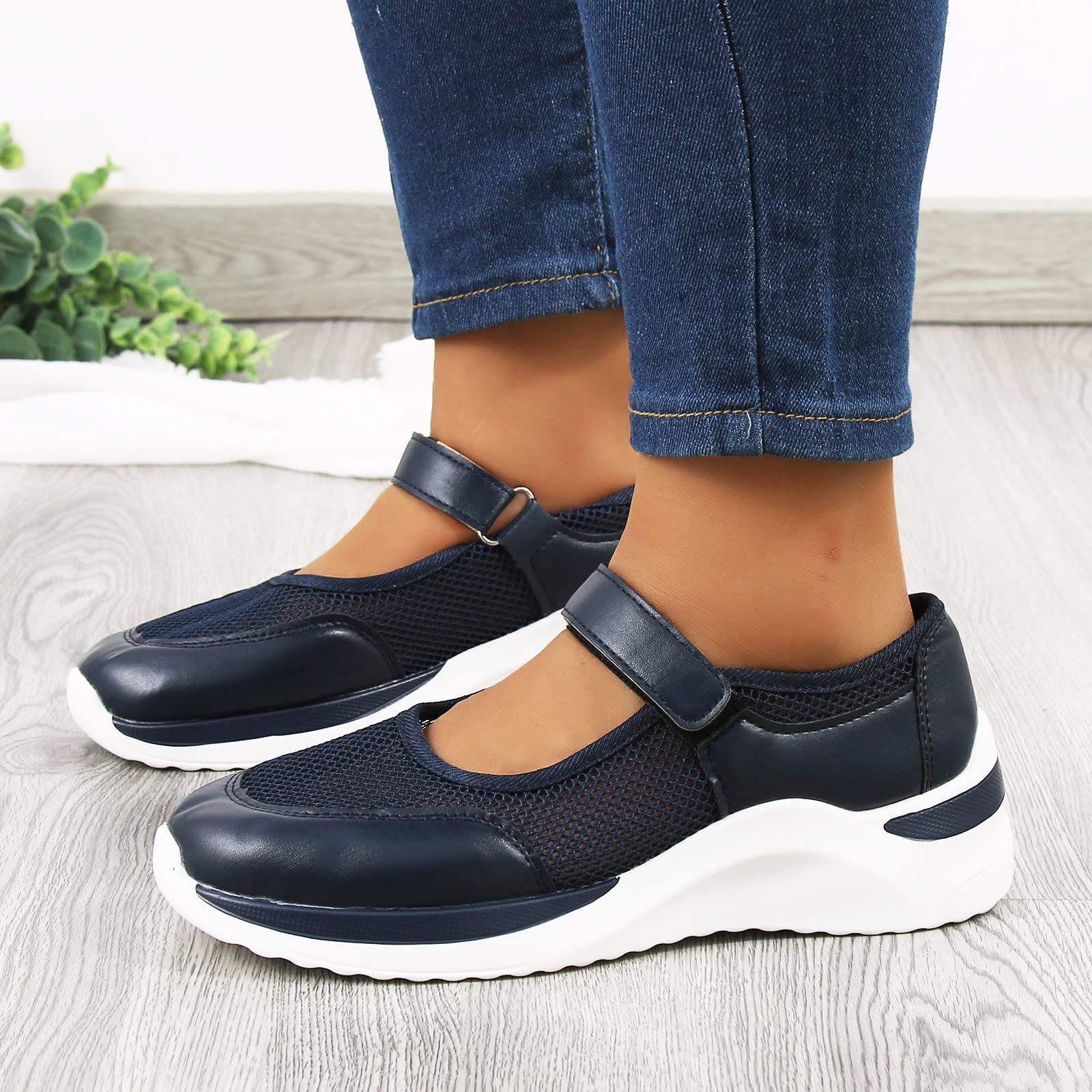 FASDNENDYS Ladies Fashion Colorblock Mesh Breathable Hook Loop Comfortable Platform Quick Dry Hiking Shoe Dark Blue