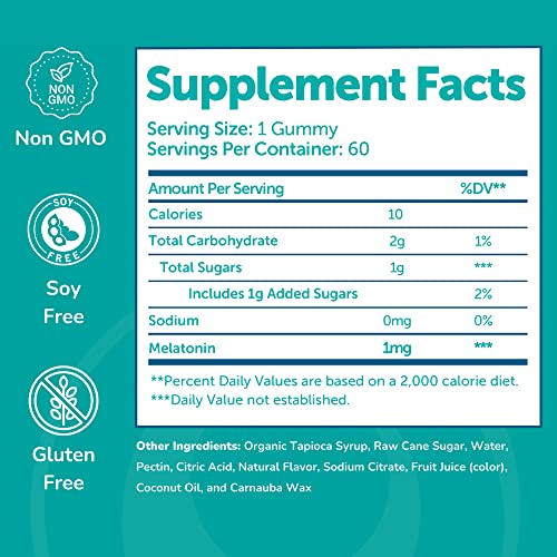Low Dose Melatonin Gummies 1 mg - Tastiest Proprietary Formula - Non-GMO Sleep Vitamins for Adults, Kids, Toddlers - Vegan Melatonin Gummy 1mg for a Gentle Sleep - Natural Sleeping Vitamins - 60 Count