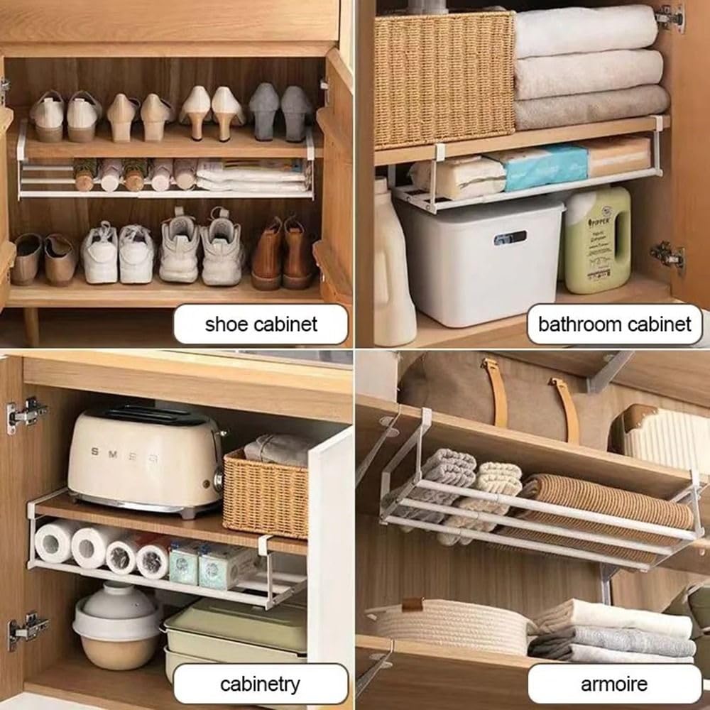 generic Shoes Storage Rack,Carbon Steel Retractable Under Hanging Layered Space-Saving Shoe Tray Hanging Basket Multi-Purpose Cabinet Class Shelves(White), AM0XDM0L07TUS