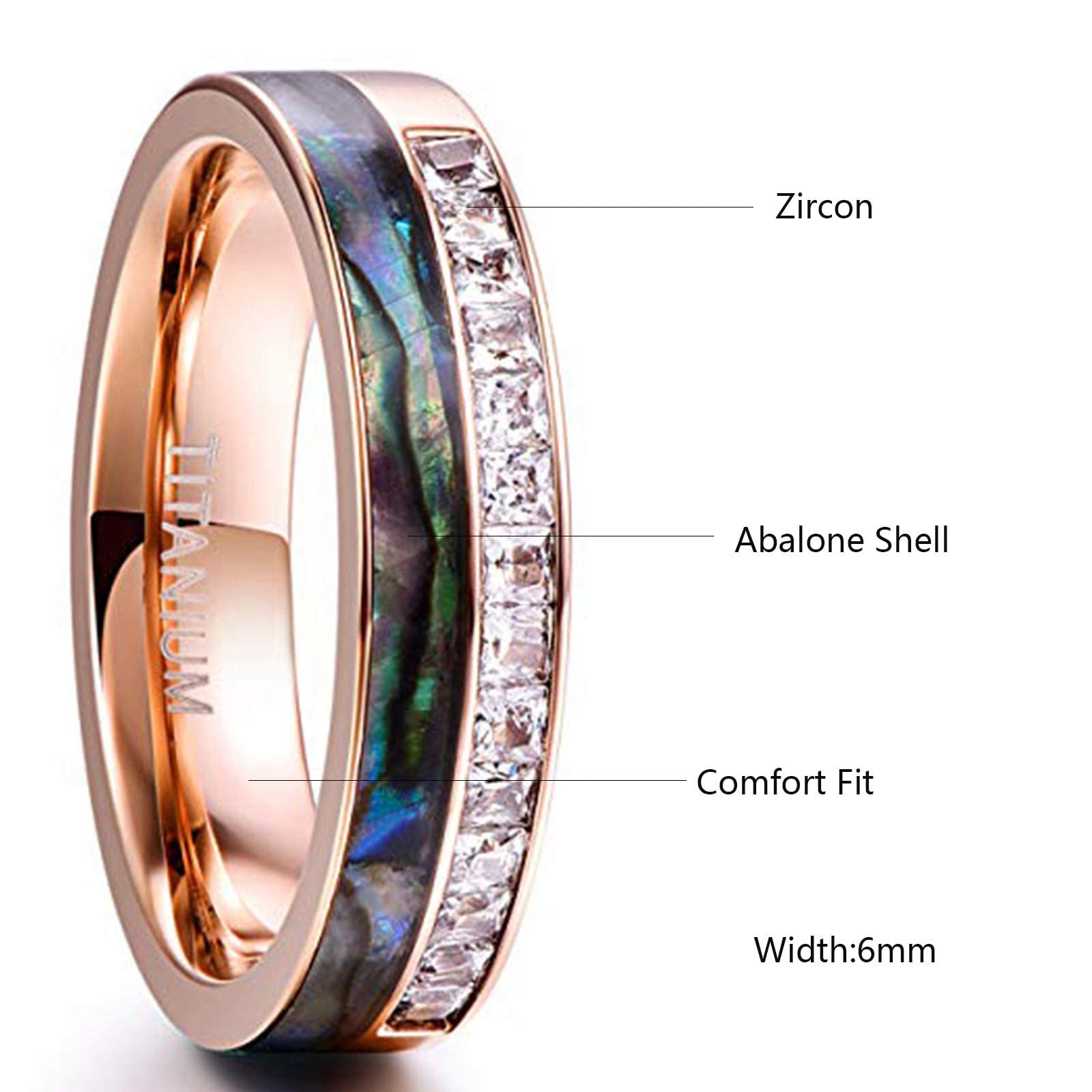Cloyo Women's Rose Gold Wedding Ring 6mm Stainless Steel Abalone Shell and Square Zircon Inlay Engagement Band Rings Size 9.5