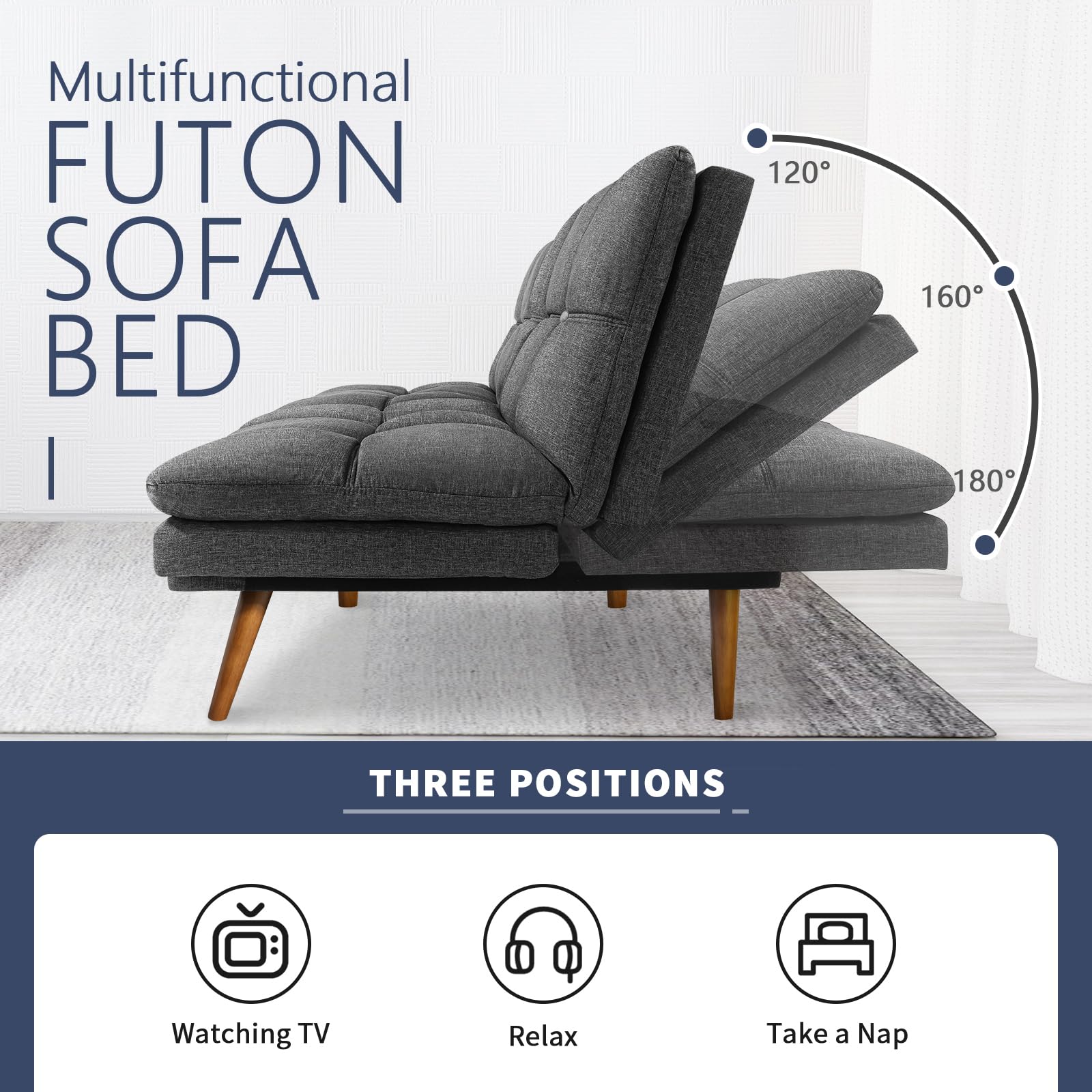 IULULU Futon Sofa Bed, Modern Convertible Sleeper Couch Daybed with Adjustable Armrests for Studio, Apartment, Office, Small Space, Compact Living Room