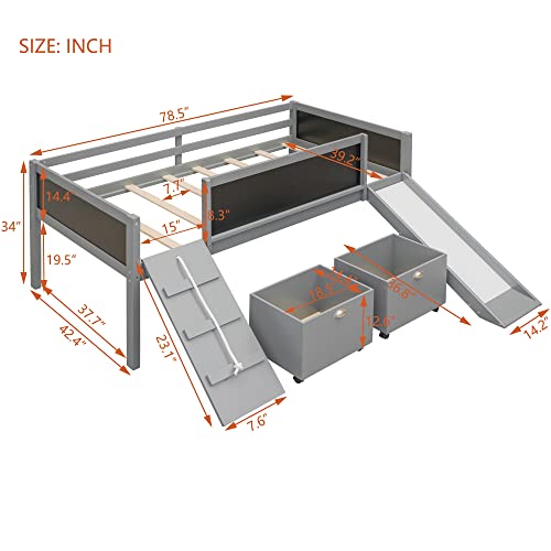 Low Loft Bed with Slide, Twin Loft Bed with Storage Boxes, Wood Twin Low Loft Bed Frame with Climbing Ladder and Chalk Board for Kids Boys Girls Teens, Grey