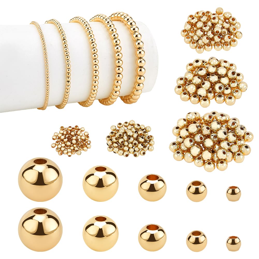 PH PandaHall 14K Gold Spacer Beads, 300pcs Round Brass Beads 5 Size Metal Smooth Beads Seamless Ball Beads Long-Lasting Little Beads for Summer Bracelet Necklace Jewelry DIY Crafts(2/3/4/5/6mm)