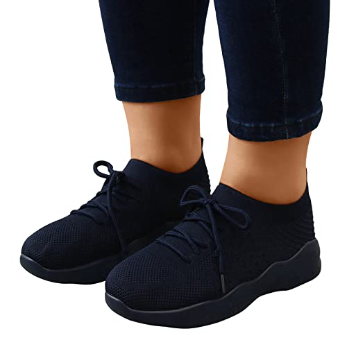 FASDNENDYS Ladies Fashion Solid Color Mesh Breathable Round Toe Lace Up Low Top Flat Beach Shoes Dark Blue