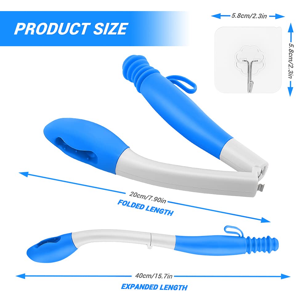 Foldable Butt Wiper, Jhua 15.7" Toilet Aids for Wiping, Comfort Silicone Bottom Buddy Wiping Aid with Hanging Ring, Hook, Carrying Bag, Toilet Aid Tools Bathroom Personal Care, Blue