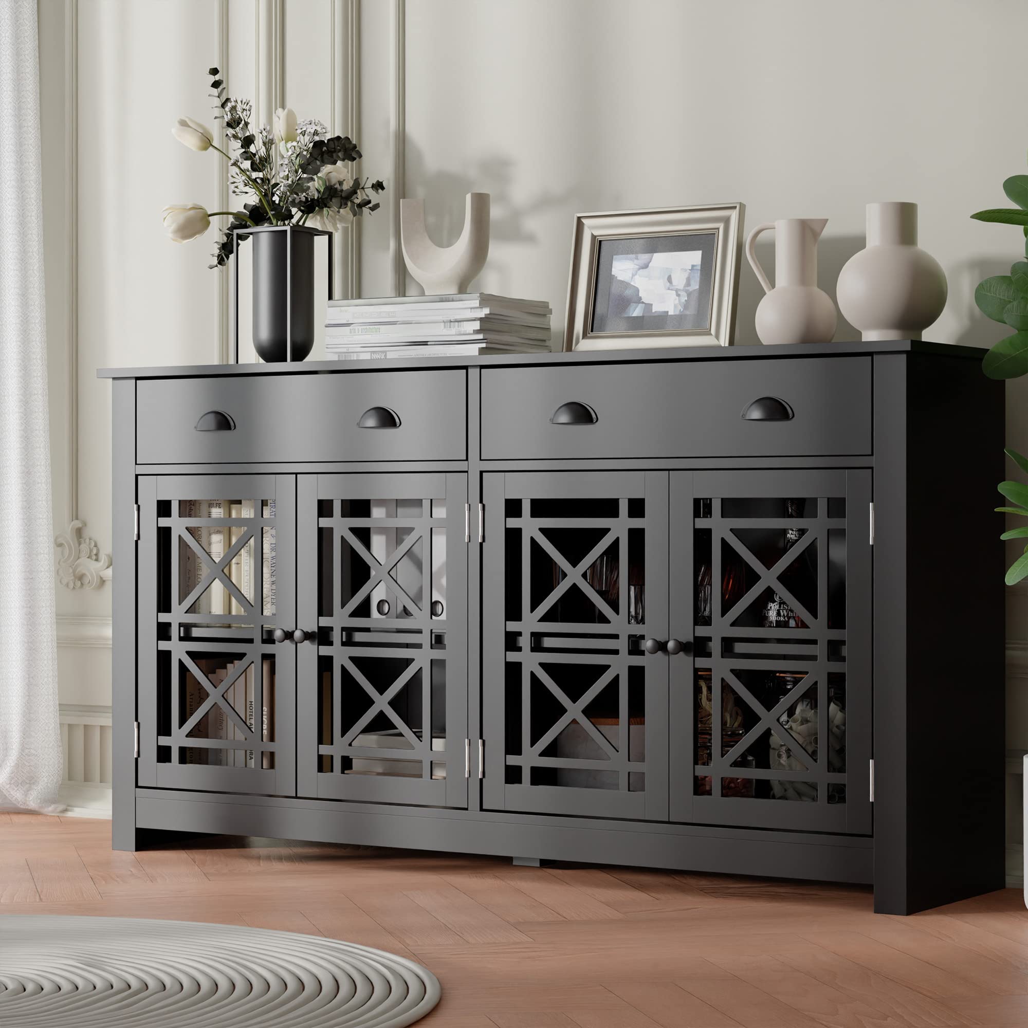 Cozy Castle Modern Buffet Cabinet with Drawers, Wood Sideboard Buffet Cabinet with 4 Acrylic Glass Doors, Freestanding Bar Cabinet, White