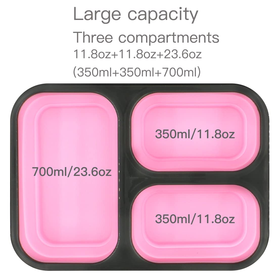 fancyfree Collapsible Silicone Benton Container, Leakproof Lunch Box with 3 Compartments, BPA Free Safe Food Storage Organizer (Pink)